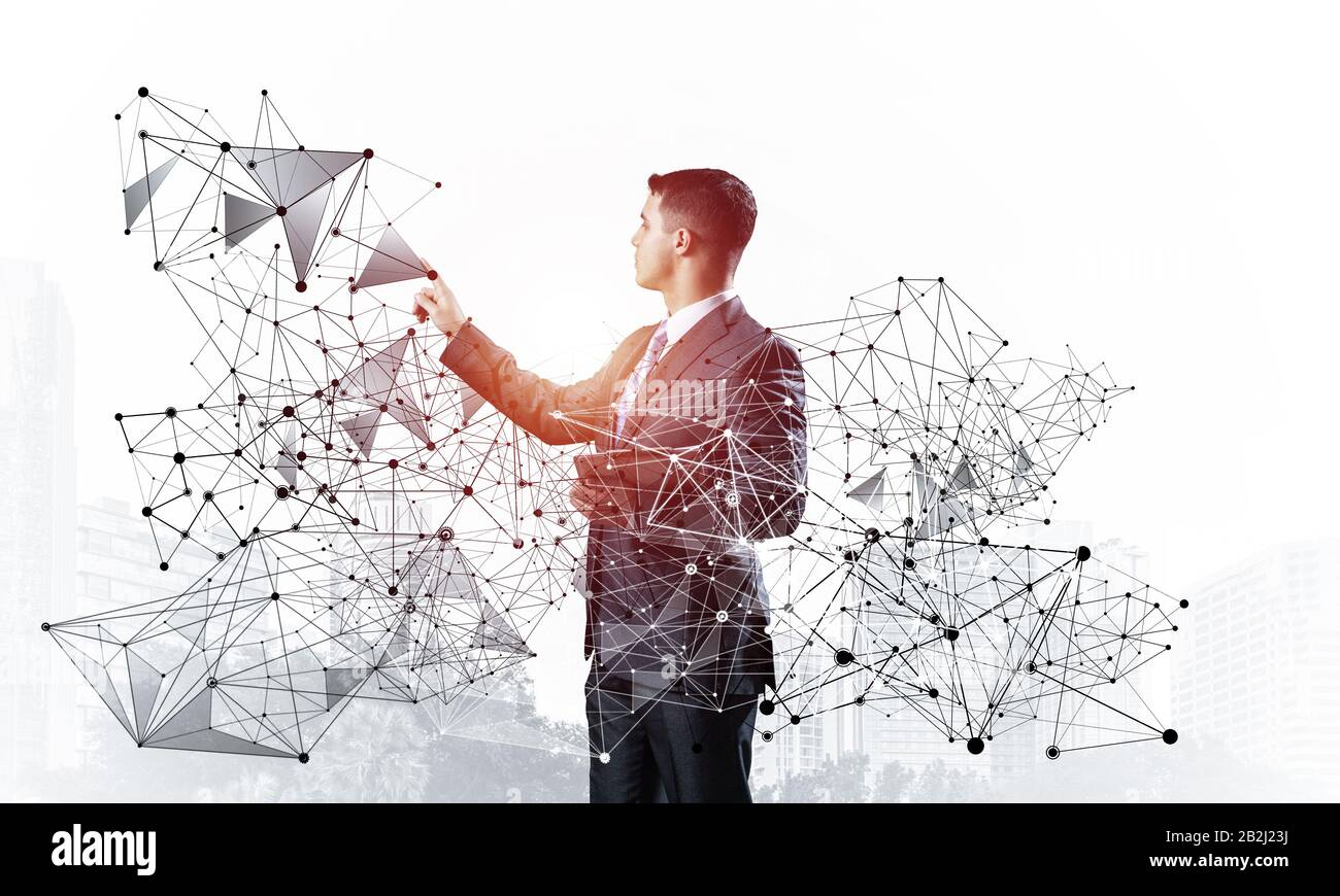 Business person pointing on abstract network Stock Photo - Alamy