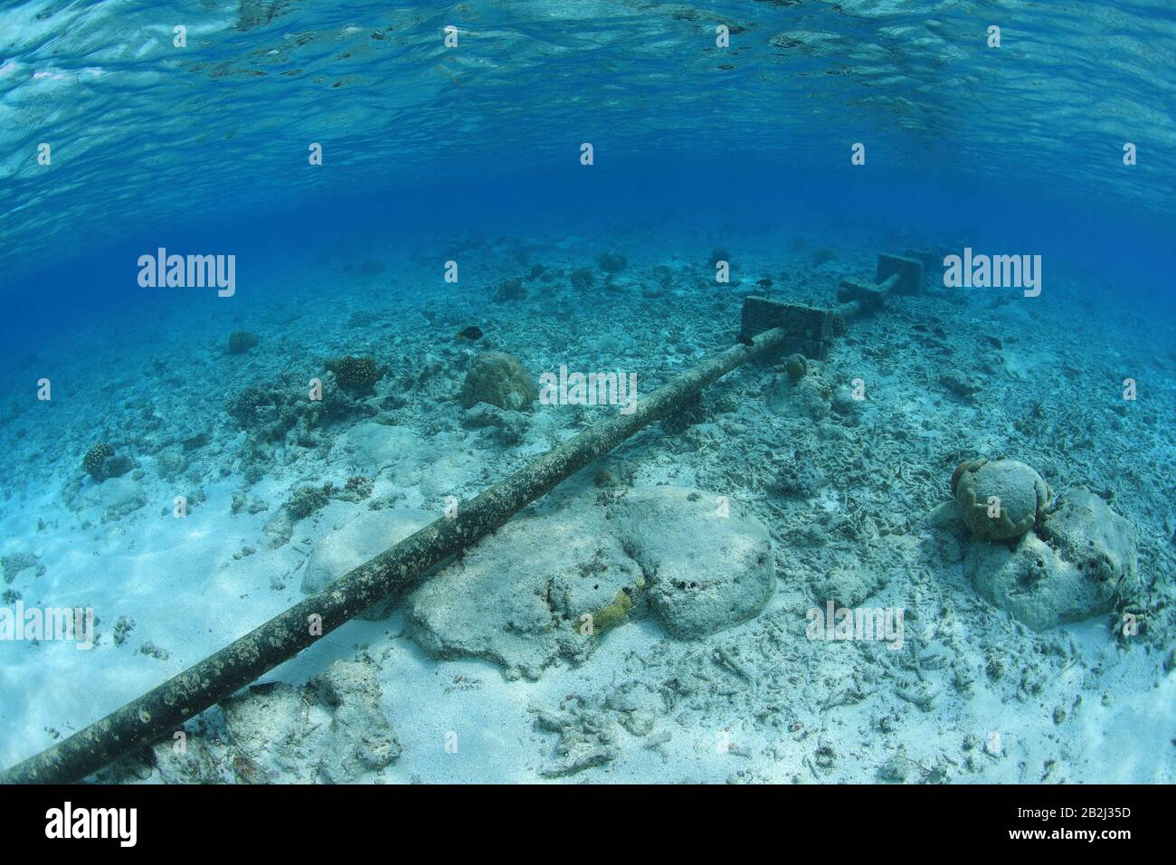 Sewer wastewater pipes underwater in the tropical coral reef of the ...