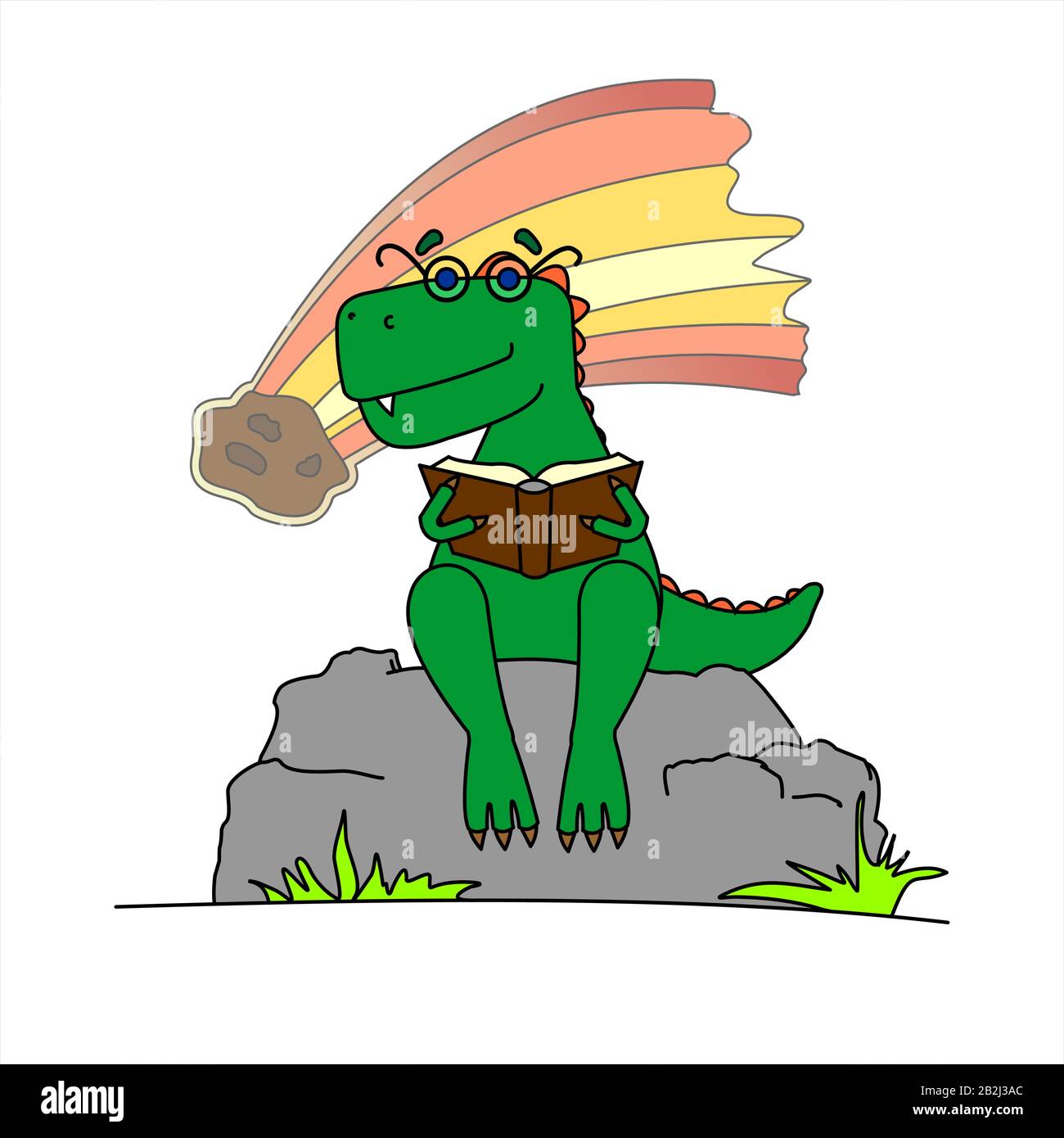 Dinosaur In Glasses Is Reading A Book. Smart Dinosaur On Background Of ...
