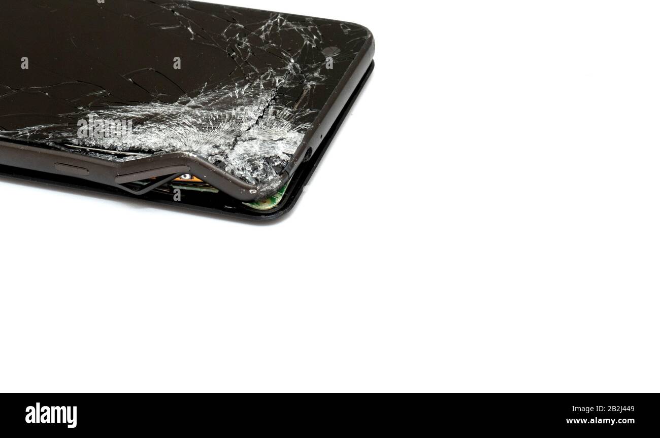 Modern smartphone with damaged screen isolated on white background ...