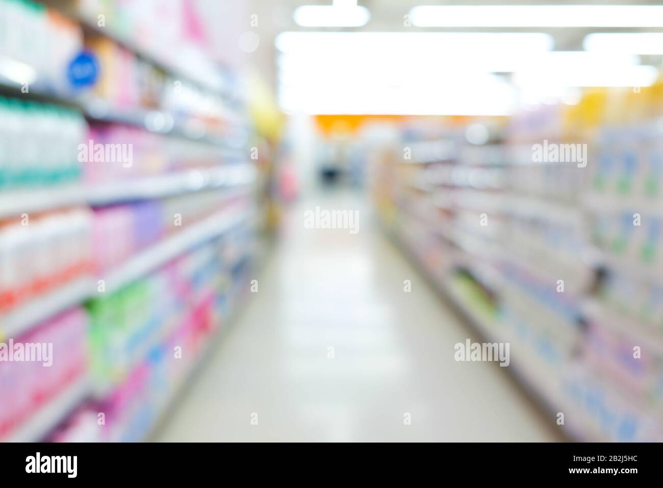Abstract blurred shelf of modern supermarket store, Business background ...