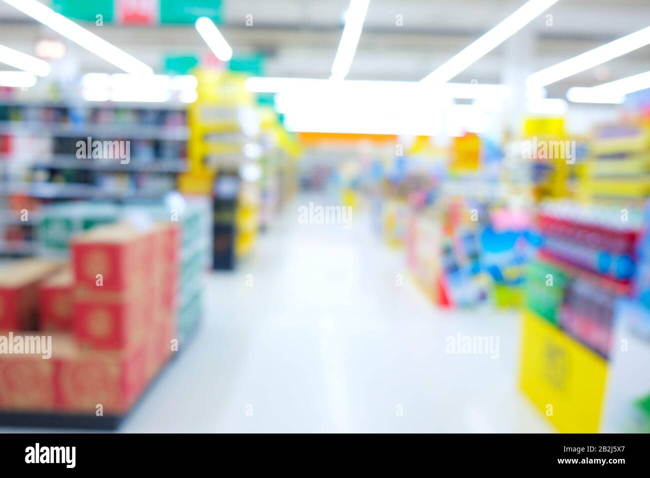 Abstract blurred shelf of modern supermarket store, Business background ...