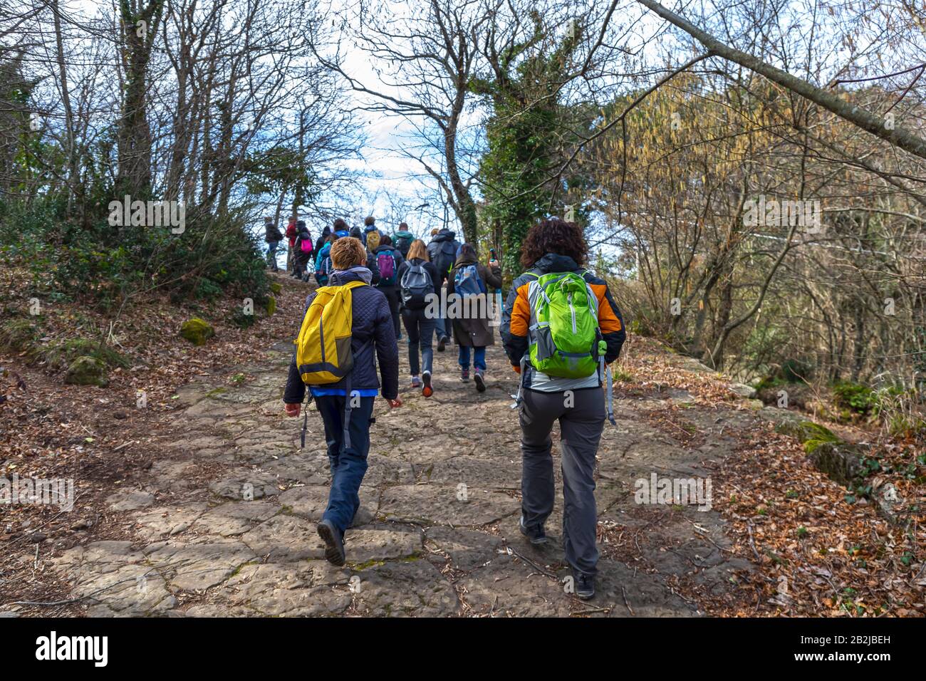 Rocca di Papa, Italy - February 29, 2020: Hikers walk on the ancient ...