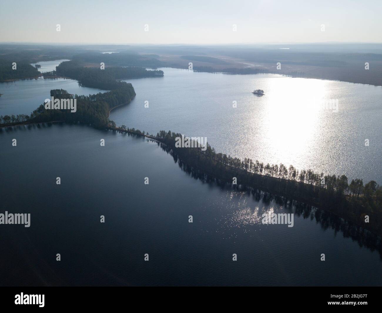 Narrow ridge forest in middle of lake. Aerial shot Stock Photo - Alamy