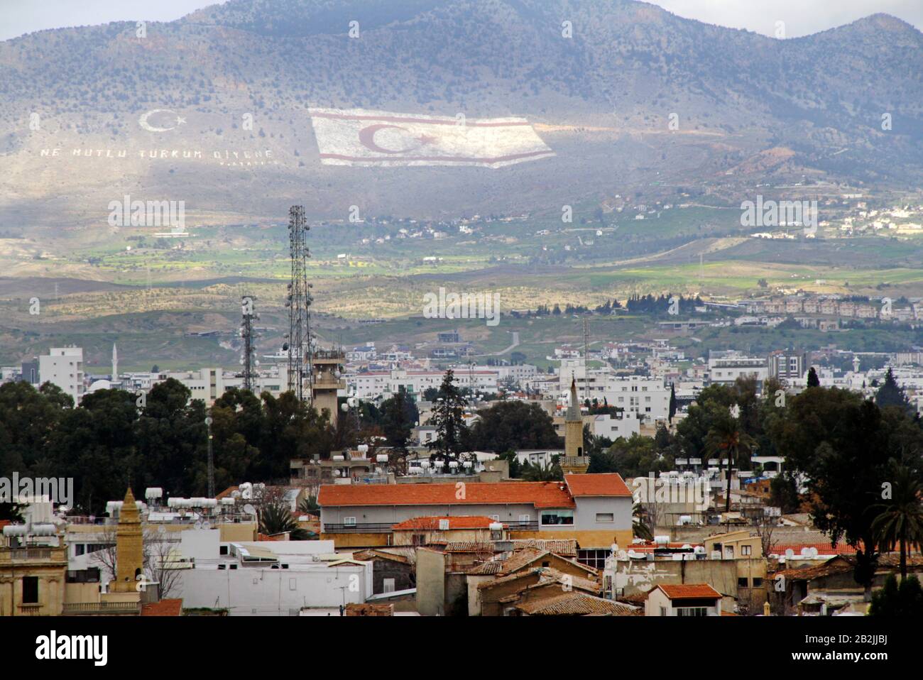 20 February 2020 - Nicosia, Cyprus: The flags of Turkey and the so ...