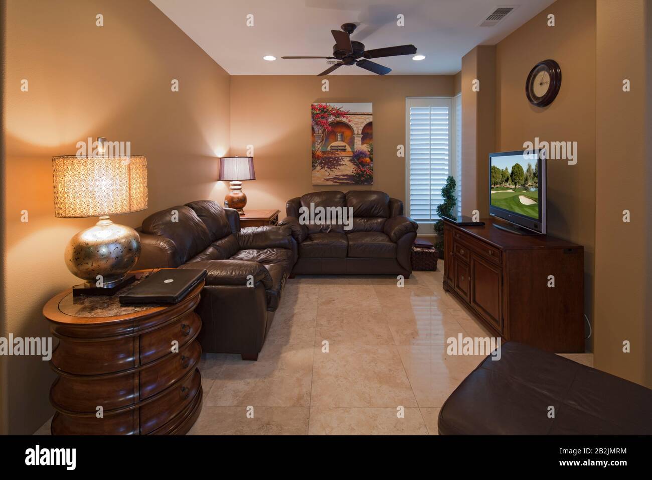 Living room with flat panel monitor television in manor house Stock ...