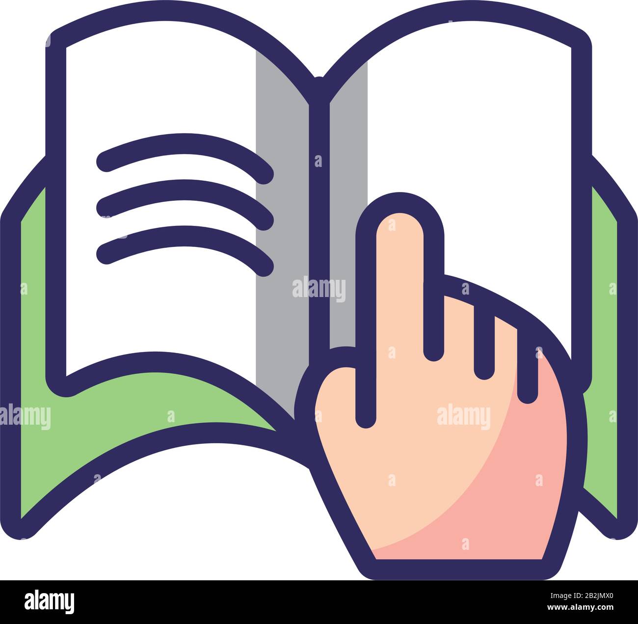 hand pointing a book page over white background, colorful line and fill ...