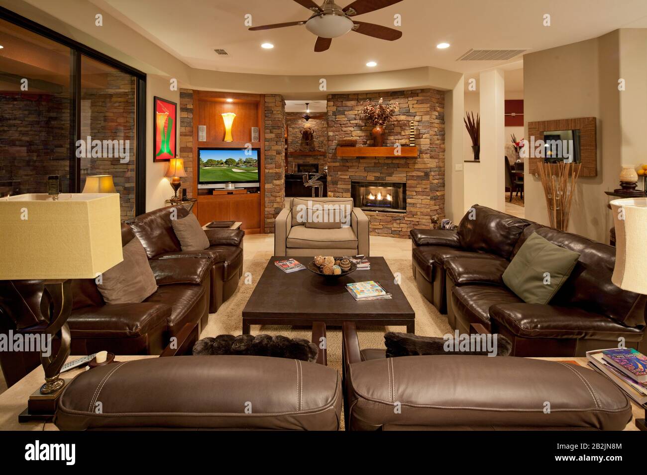 Leather seating furniture in living room of luxury mansion Stock Photo ...