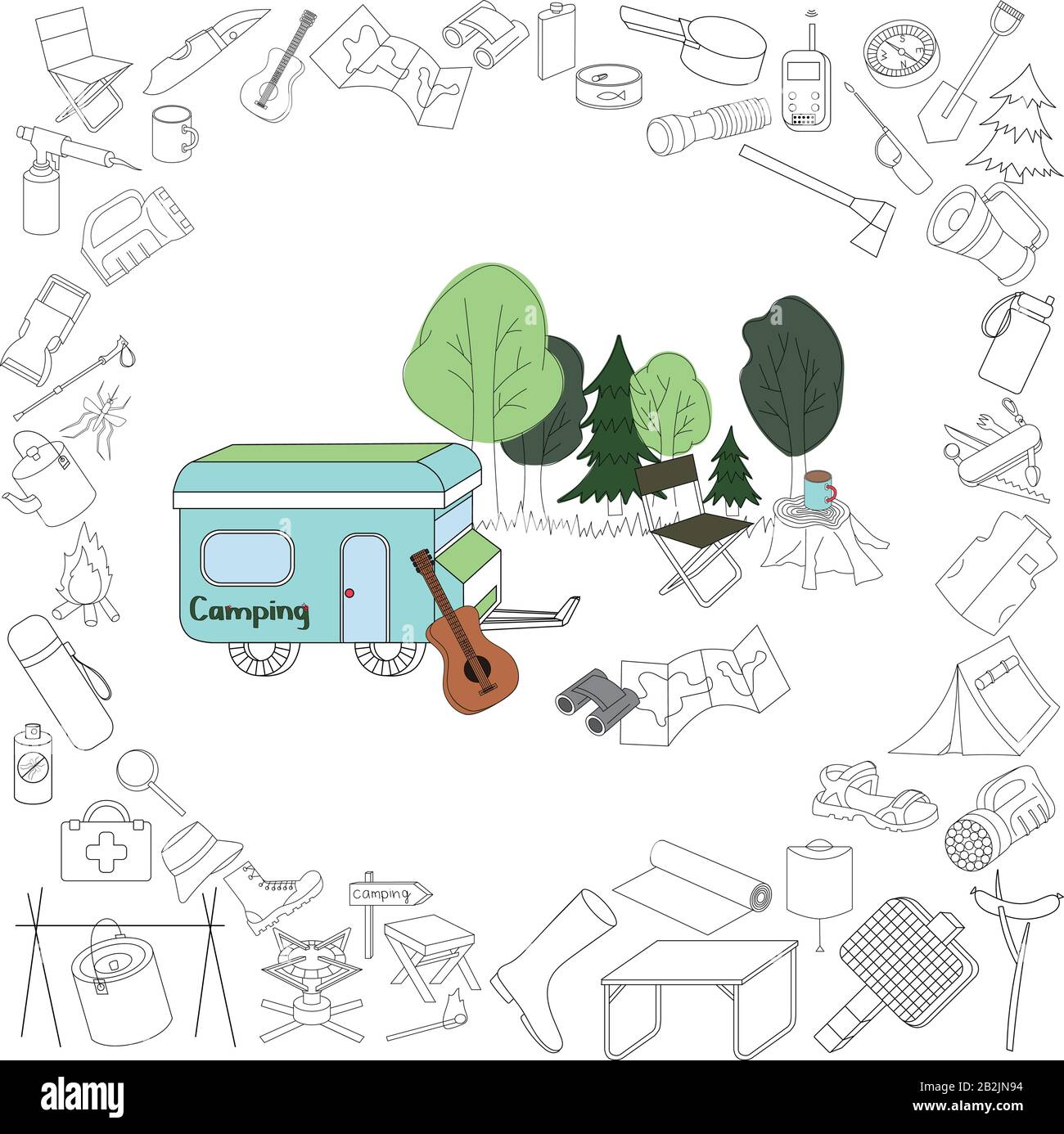 Vector illustration. Set of isolated objects on the theme of camping ...