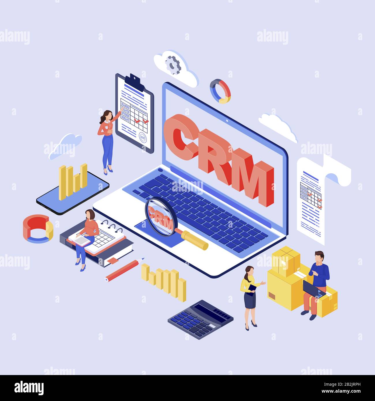 CRM software isometric vector illustration. Customer, client relationship management system ...