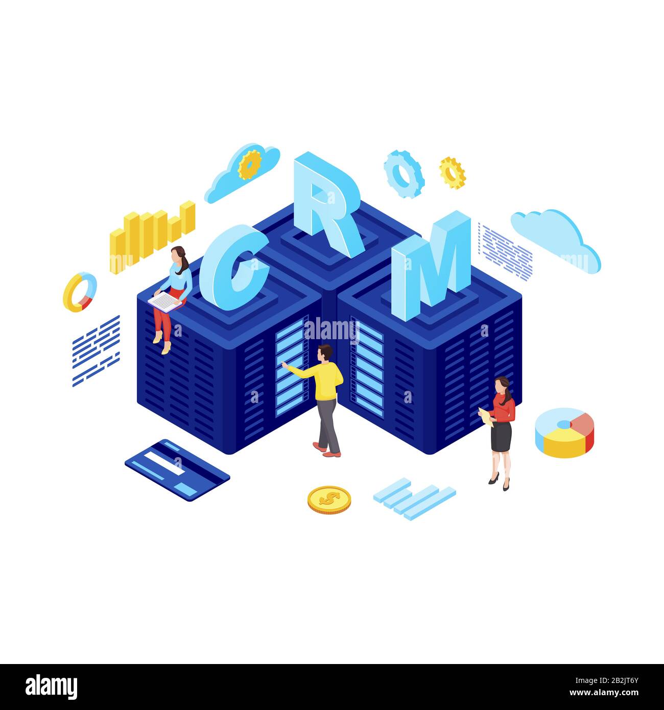 CRM hosting isometric vector illustration. Customer relationship management software 3d concept ...