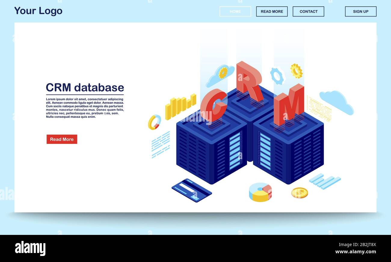 Crm Database And Server Isometric Landing Page Vector Template Client Data Sales Statistics