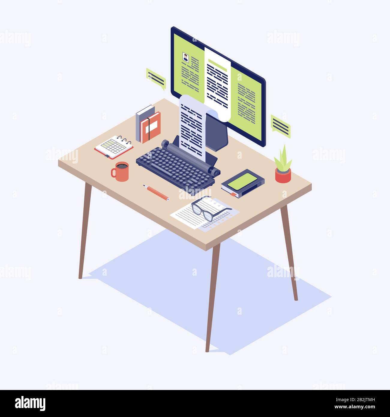 Copywriter workplace isometric illustration. Content writer, journalist ...