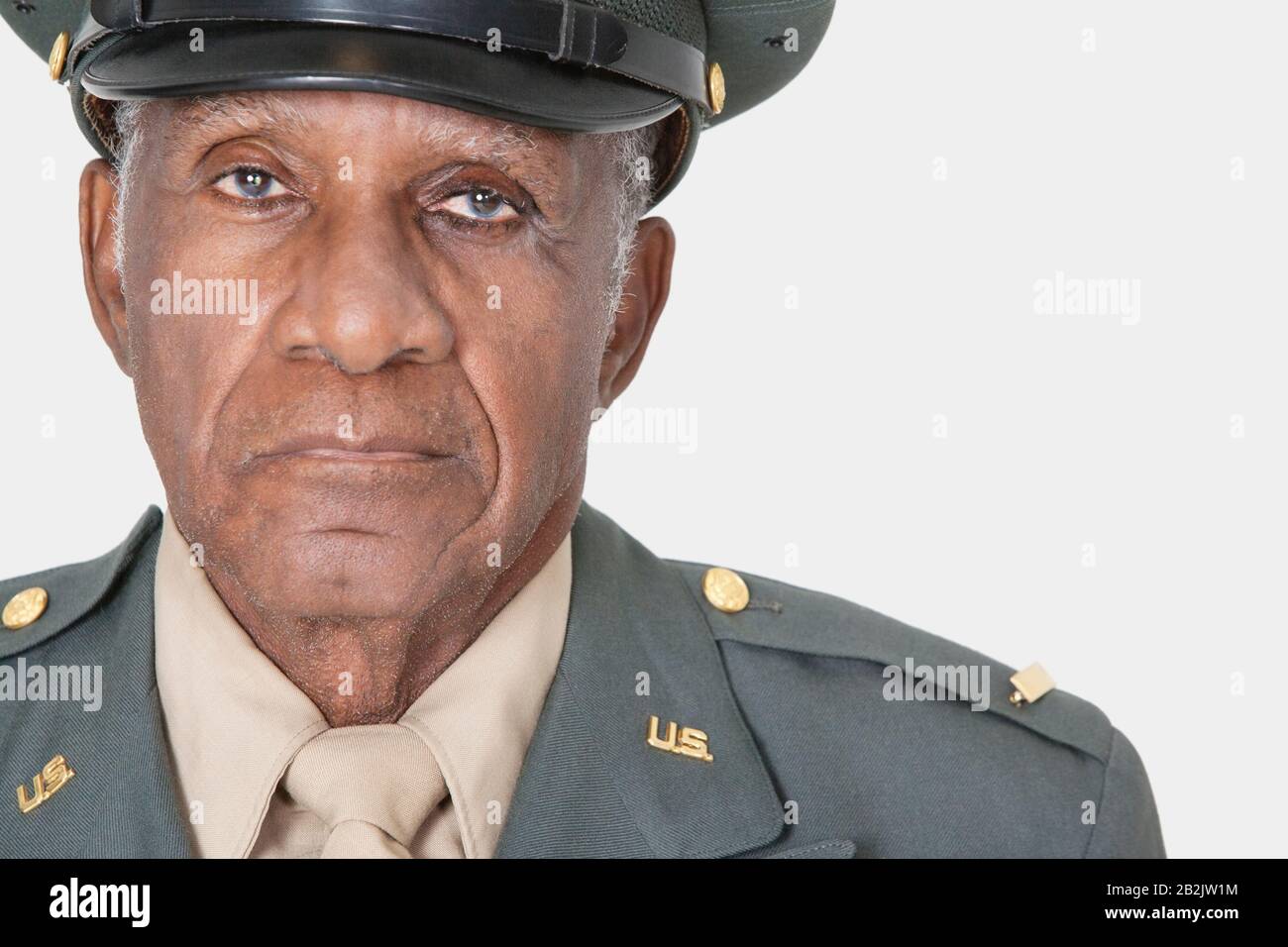 Close-up portrait of a senior male US military officer over gray ...