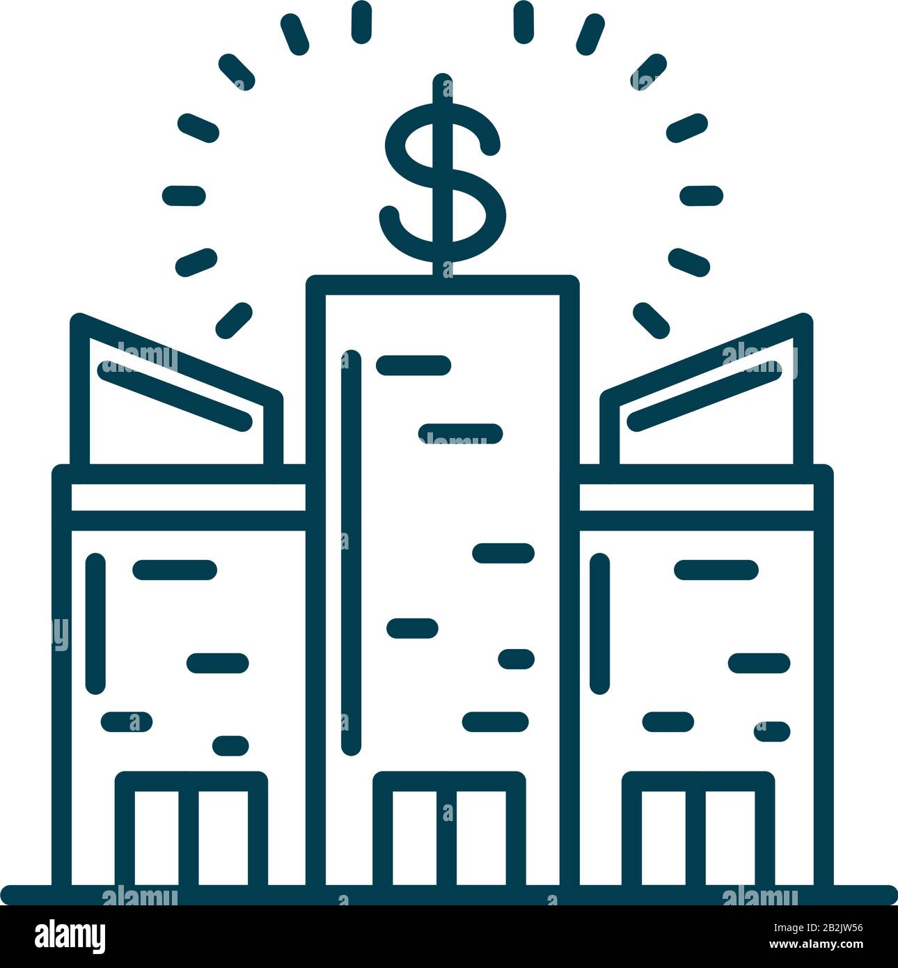 city buildings with money symbol icon over white background, line style ...