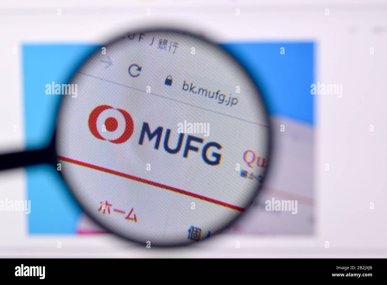 NY, USA - FEBRUARY 29, 2020: Homepage of mufg website on the display of PC, url - bk.mufg.jp ...