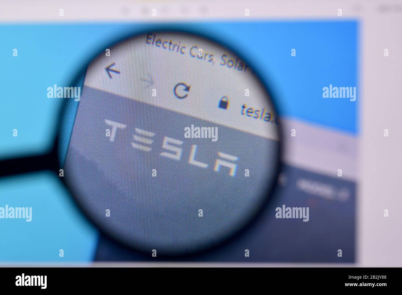 NY, USA - FEBRUARY 29, 2020: Homepage of tesla website on the display ...