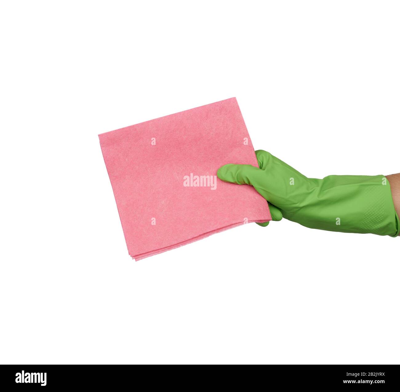 hand holds a pink rag sponge for cleaning, protective green rubber ...