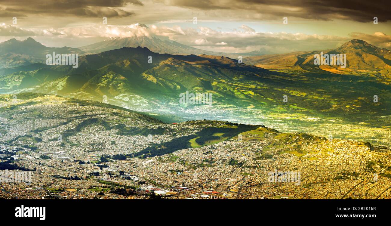 Large Panorama Of Quito With Cotopaxi Volcano In The Background Stock ...