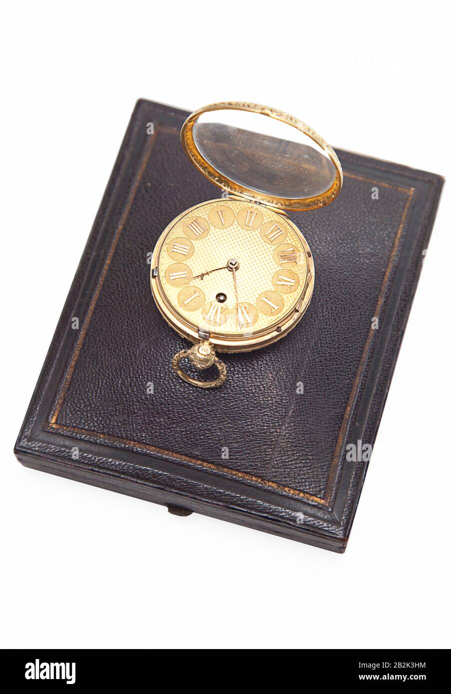 Old-fashioned pocket watch on top of wallet over white background Stock ...