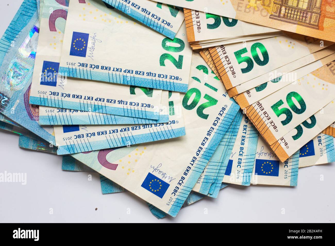 Pile of Euro money note bills on white background, European money Stock ...