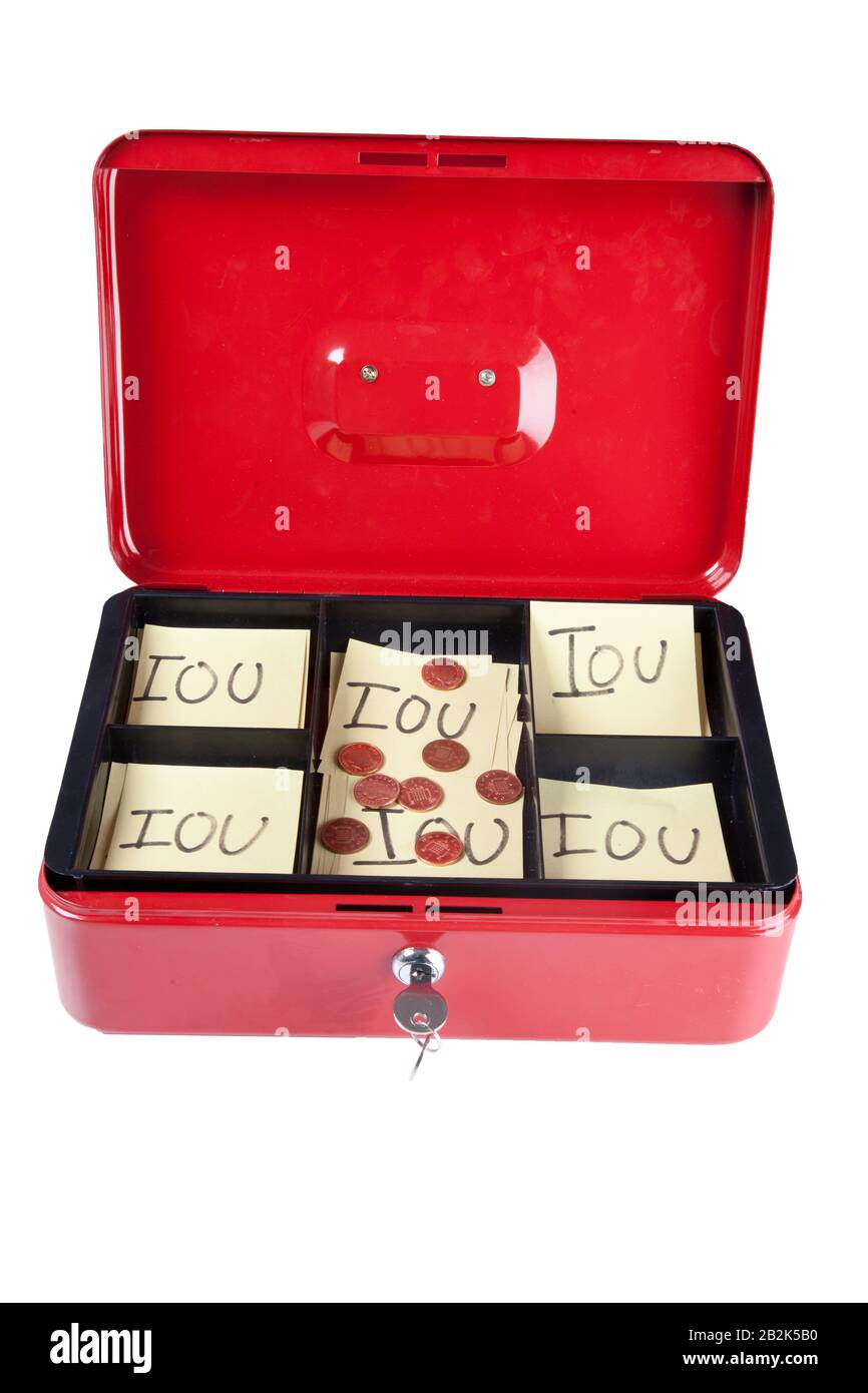 Open box with IOU notes and coins over white background Stock Photo - Alamy