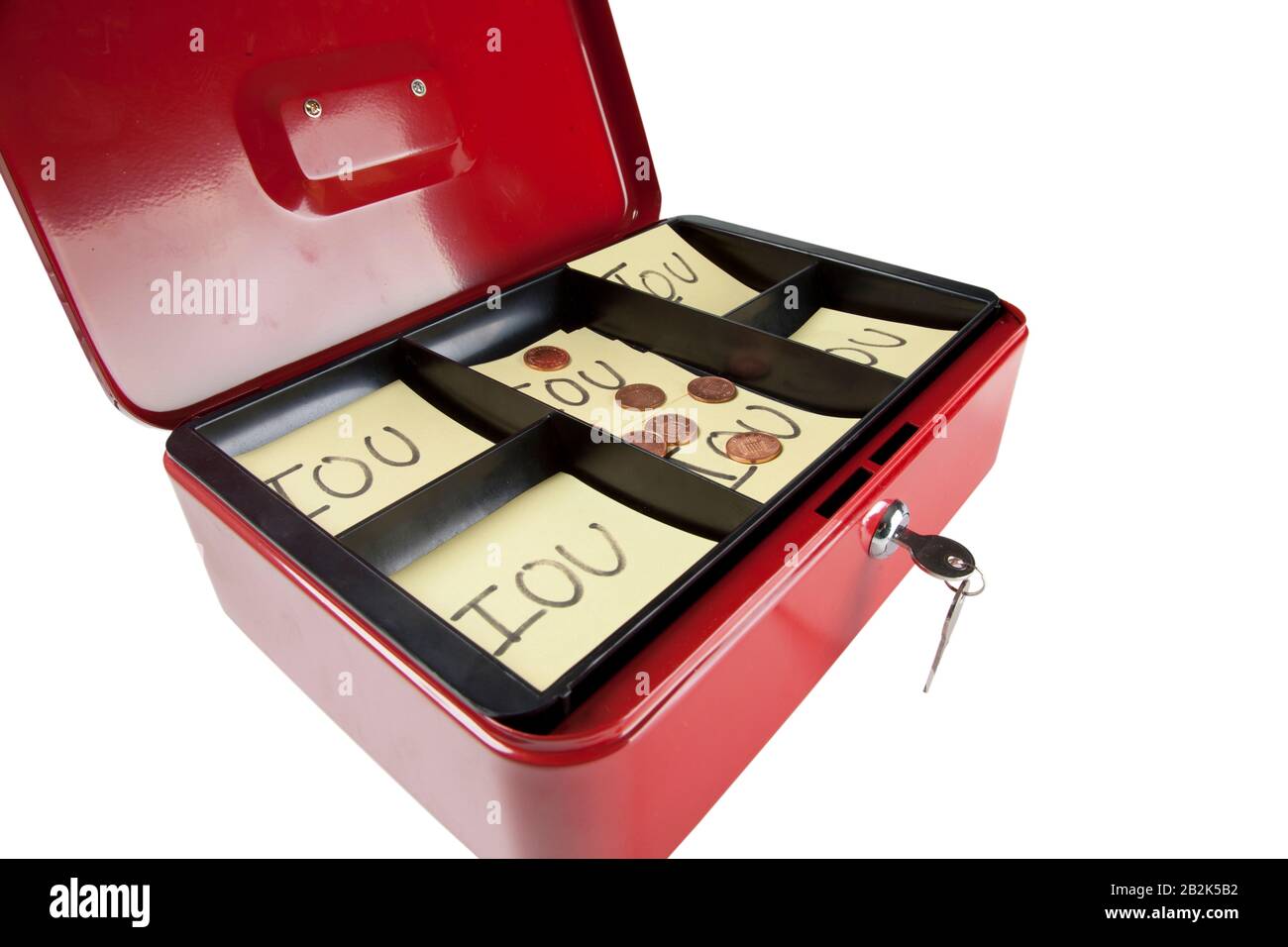 Open box with IOU notes and coins over white background Stock Photo - Alamy