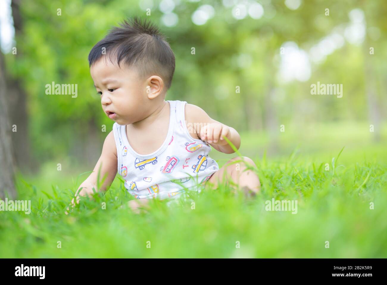 Adorable little boy sitting in green park field playing on meadow Stock ...