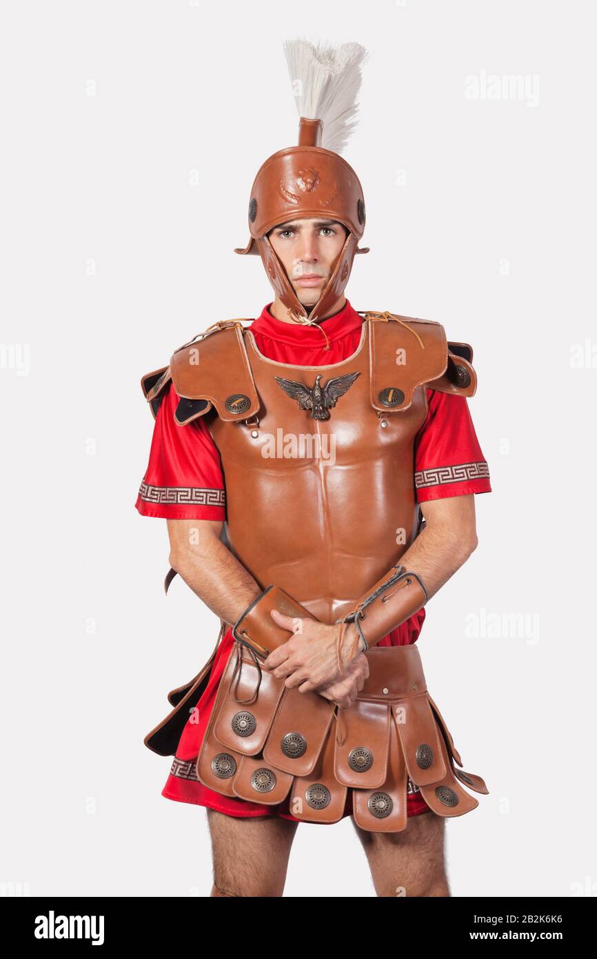 Portrait of an old fashioned soldier against gray background Stock ...