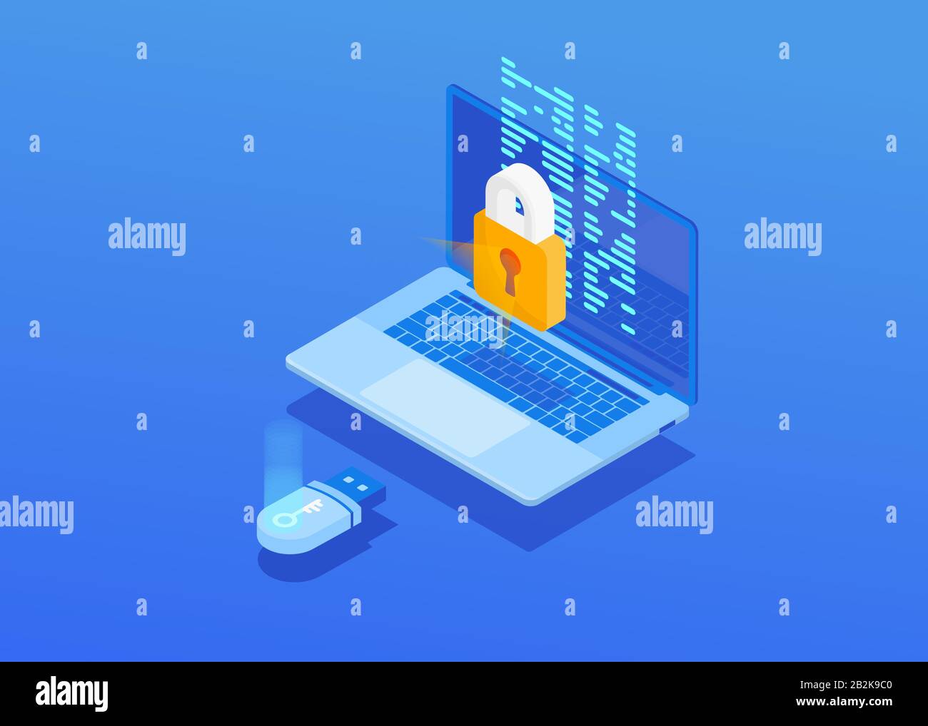 Isometric vector composition of laptop screen, a closed lock and flash ...