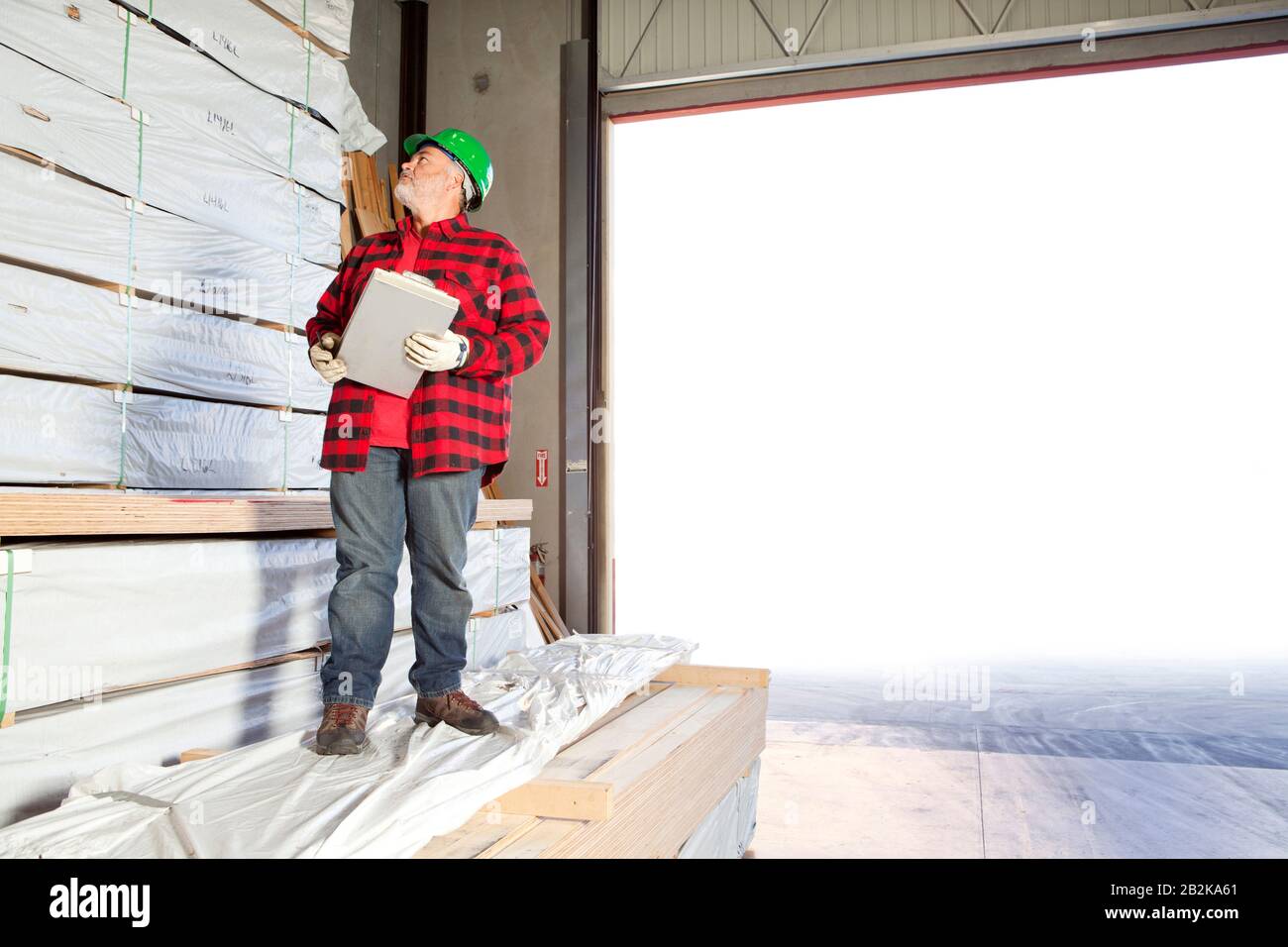 Worker inspecting wood ready for distribution Stock Photo - Alamy
