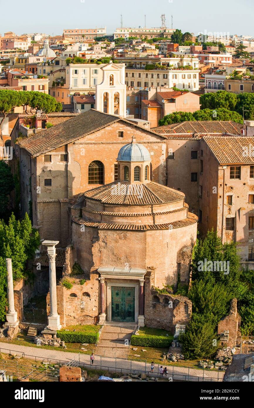 High Ground View Of Rome With Ancient Temple As Foreground An Modern ...