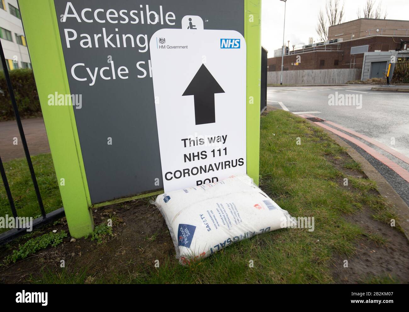 A sign directing the way to a Coronavirus Pod at Pinderfields Hospital ...