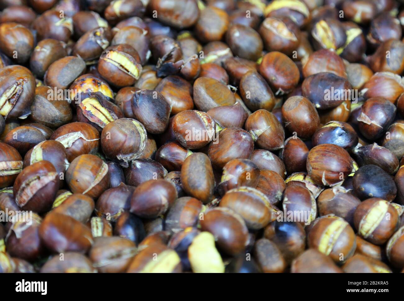 View from above of chestnuts. Pile of ripe chestnuts for food ...