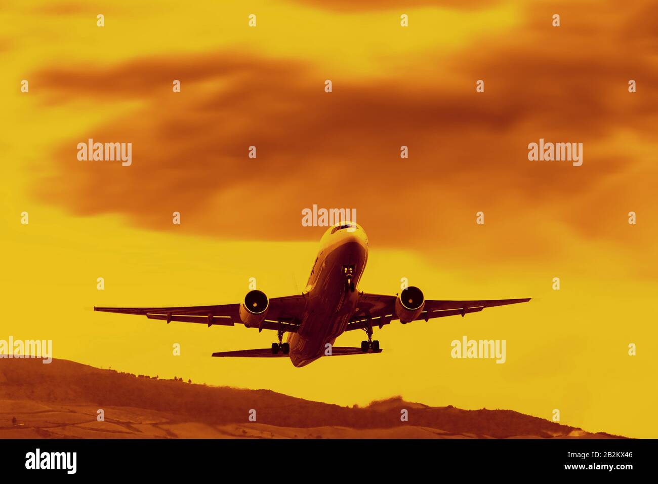 Jet Airplane Takeoff At Sunset Time Stock Photo - Alamy