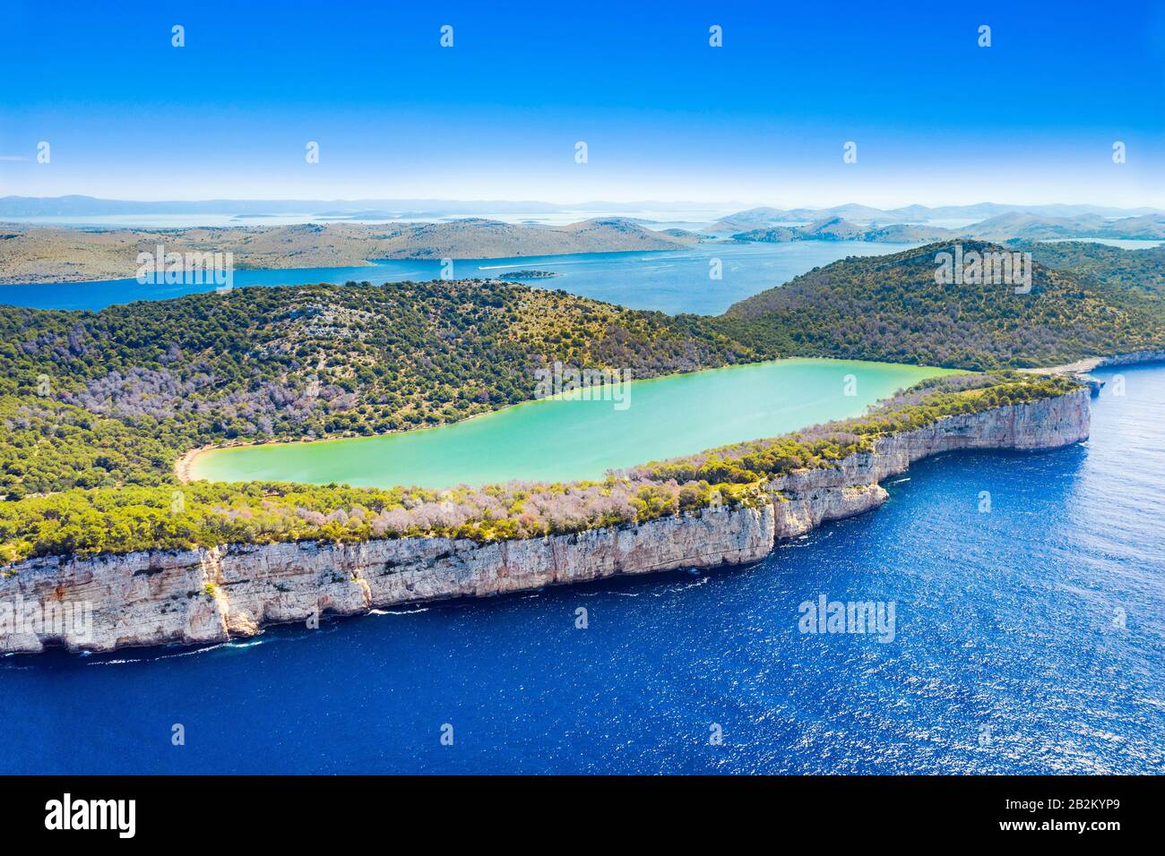 Croatia, Dugi Otok island, aerial view of the Salty lake in nature park ...