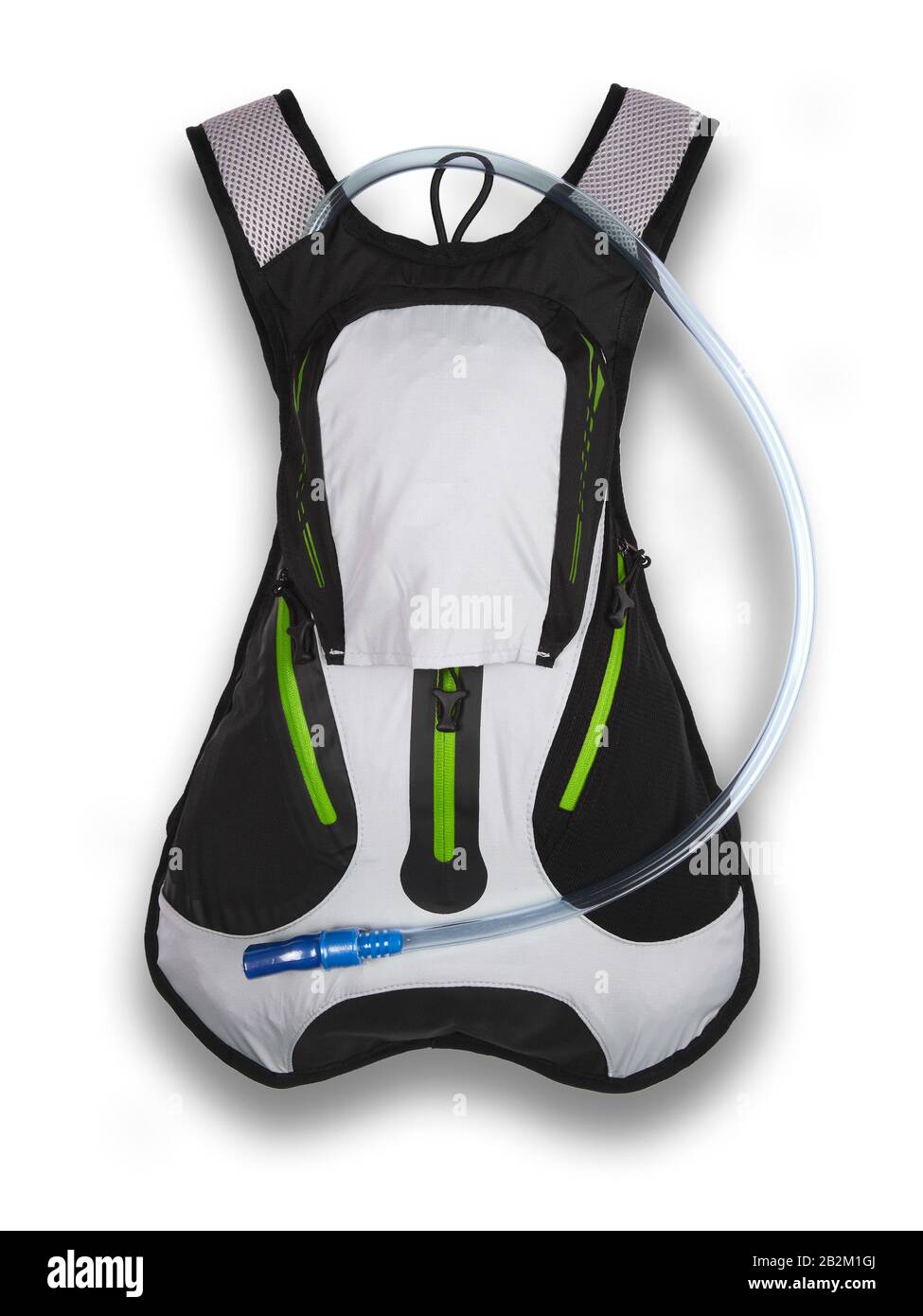 Grey and black bladder backpack shot straight on, isolated on a white ...