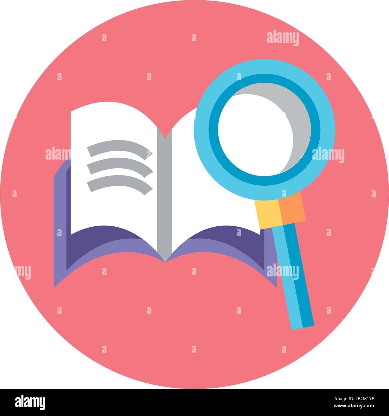 magnifying glass and academic book over white background, block style ...