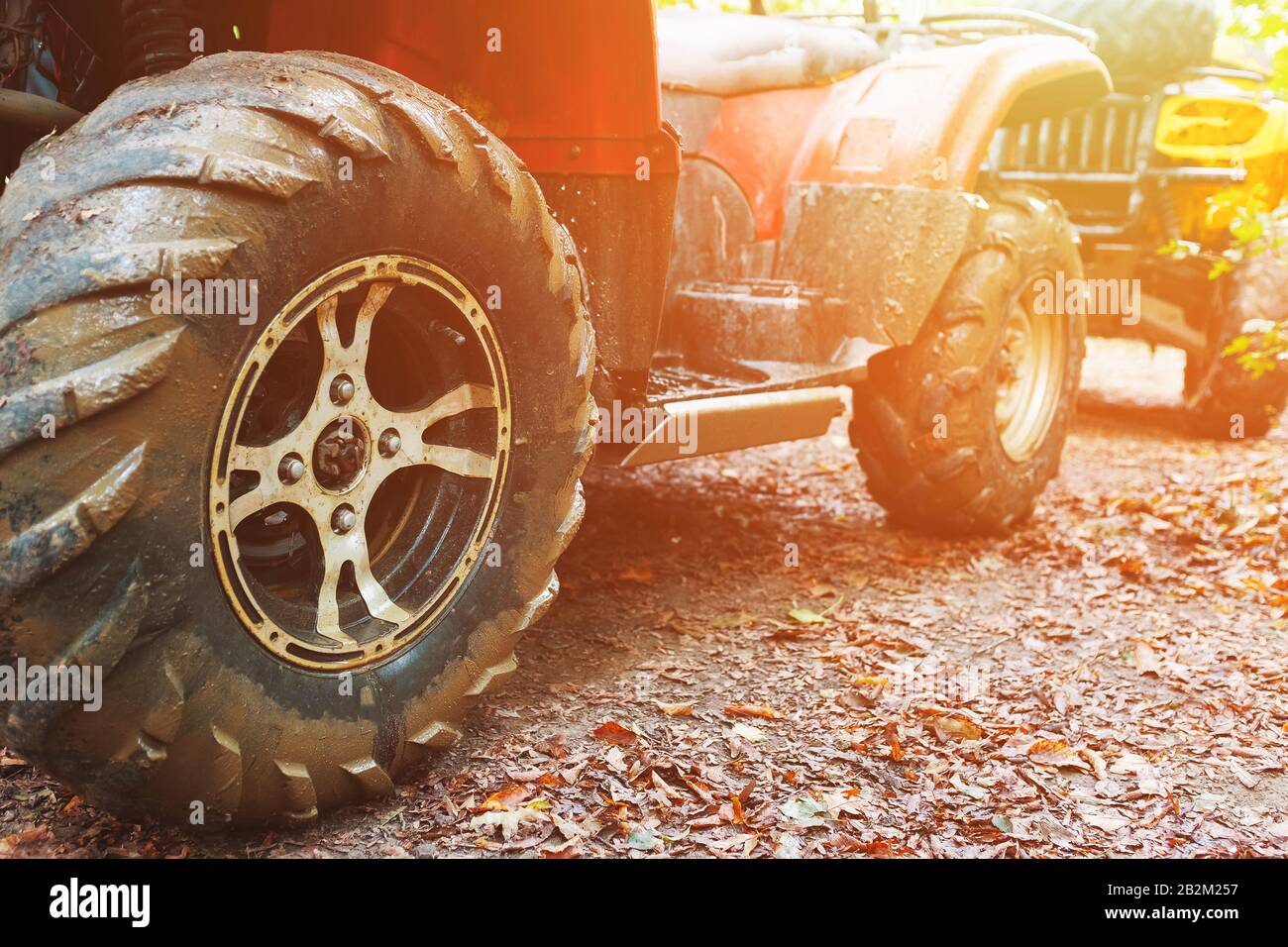 ATV in the forest, in the mud. Wheels and ATV elements close-up in the ...