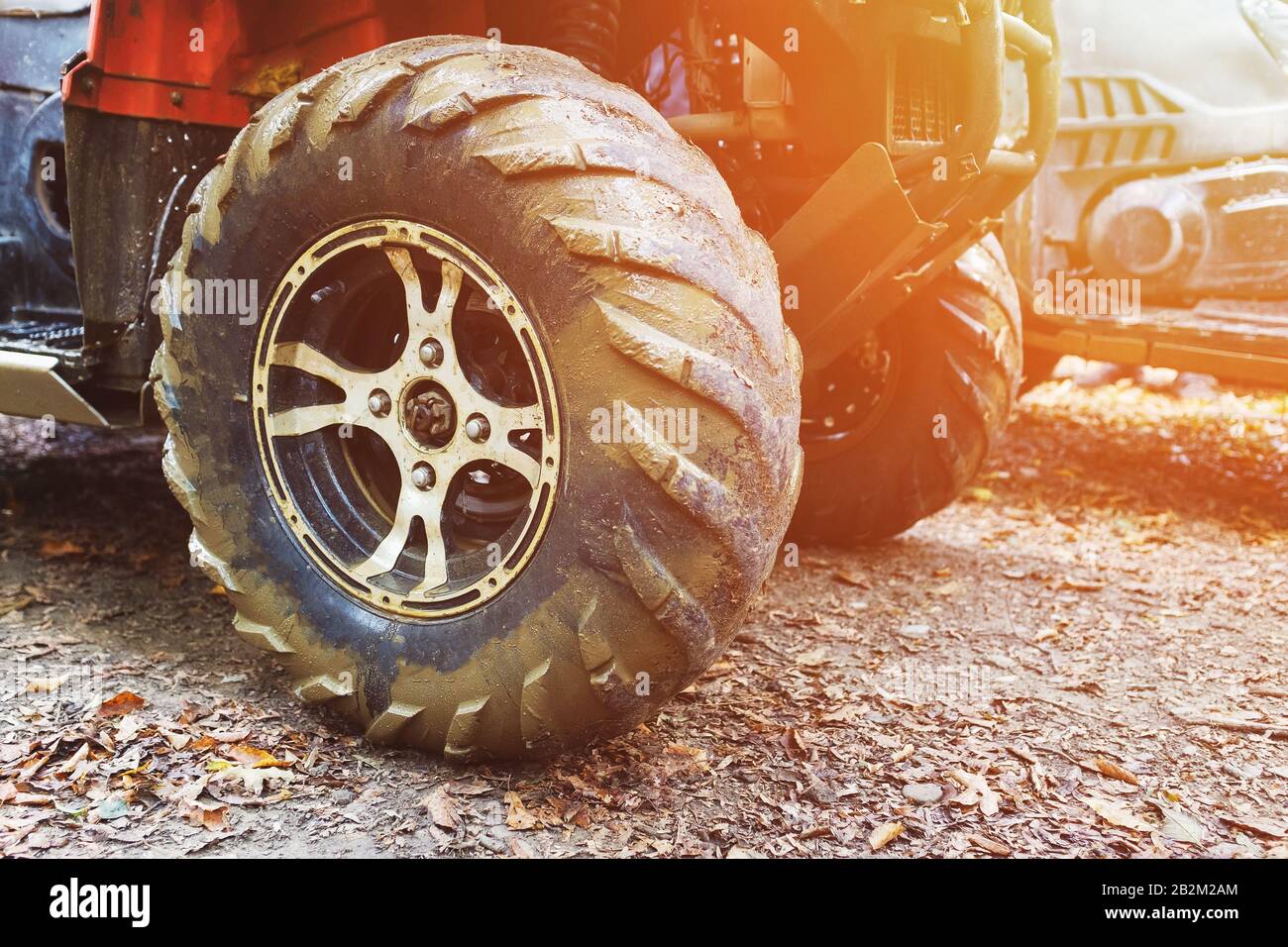 ATV in the forest, in the mud. Wheels and ATV elements close-up in the ...