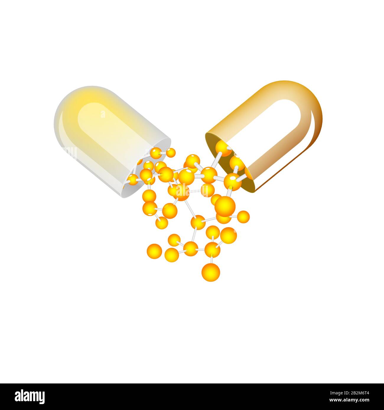 Golden opened capsule pill with falling golden drug isolated on white ...