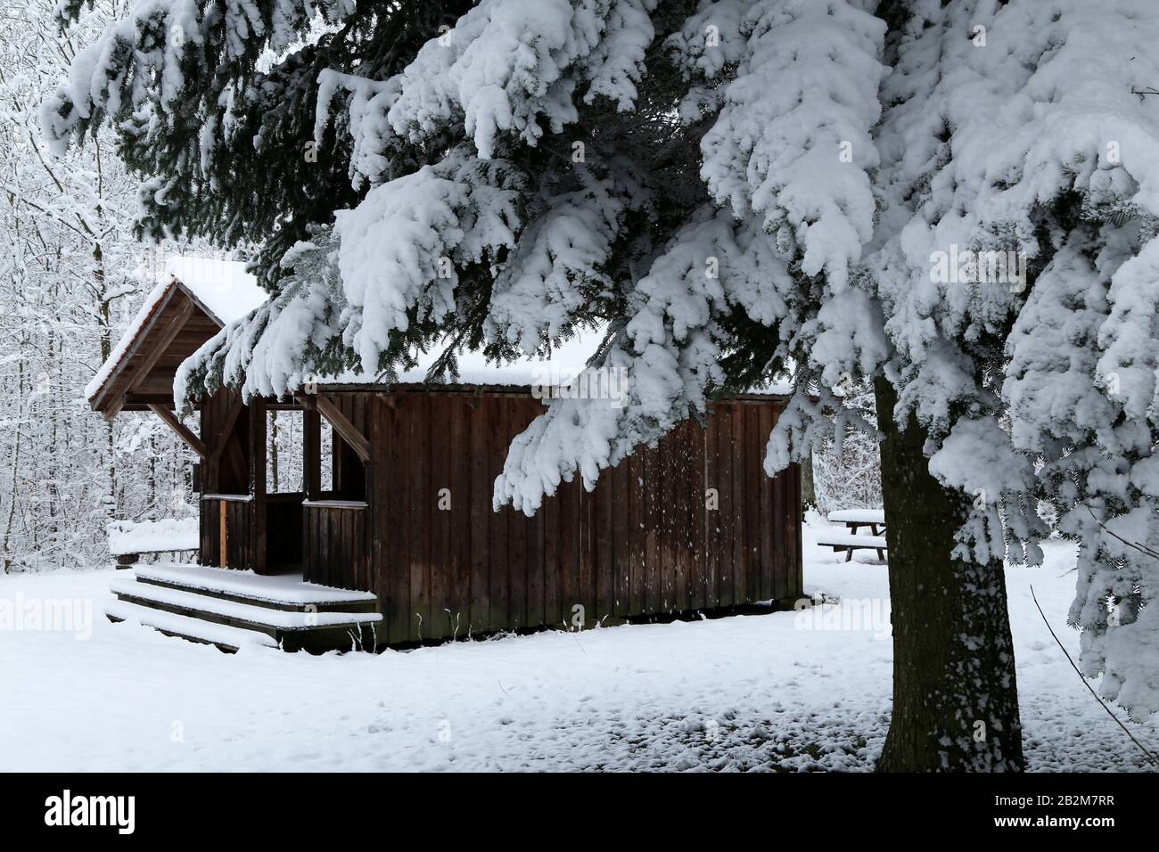 Winter landscape with a hut in the forest Stock Photo - Alamy