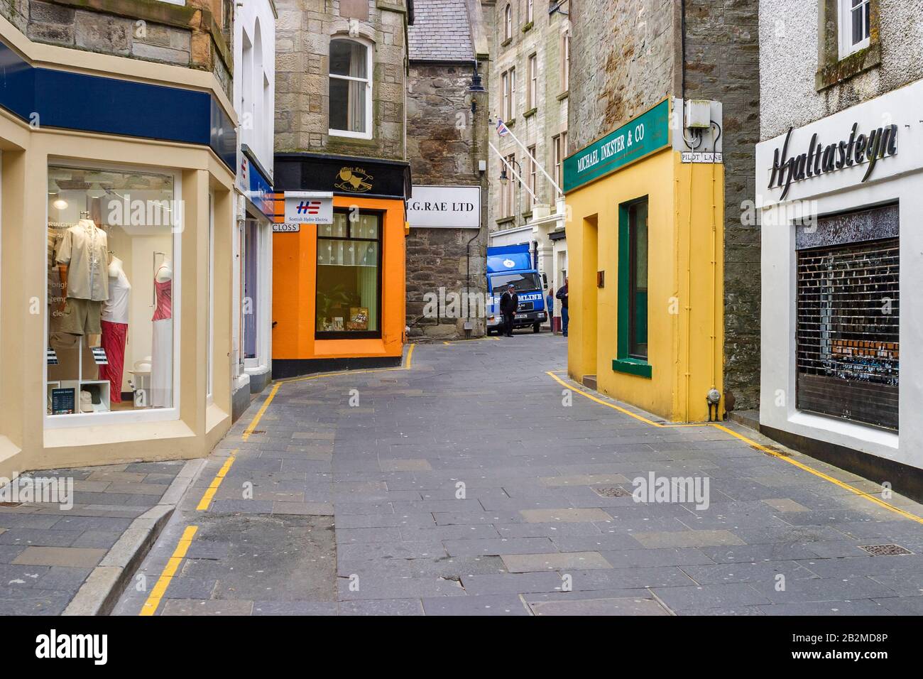 Shopping street with storefront in Lerwick town center Stock Photo - Alamy