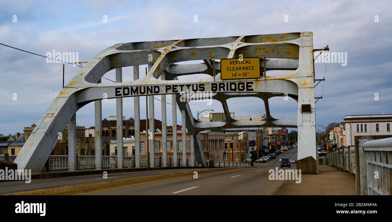 Edmund Pettus Bridge, Selma Alabama, showing Broad Street & downtown ...