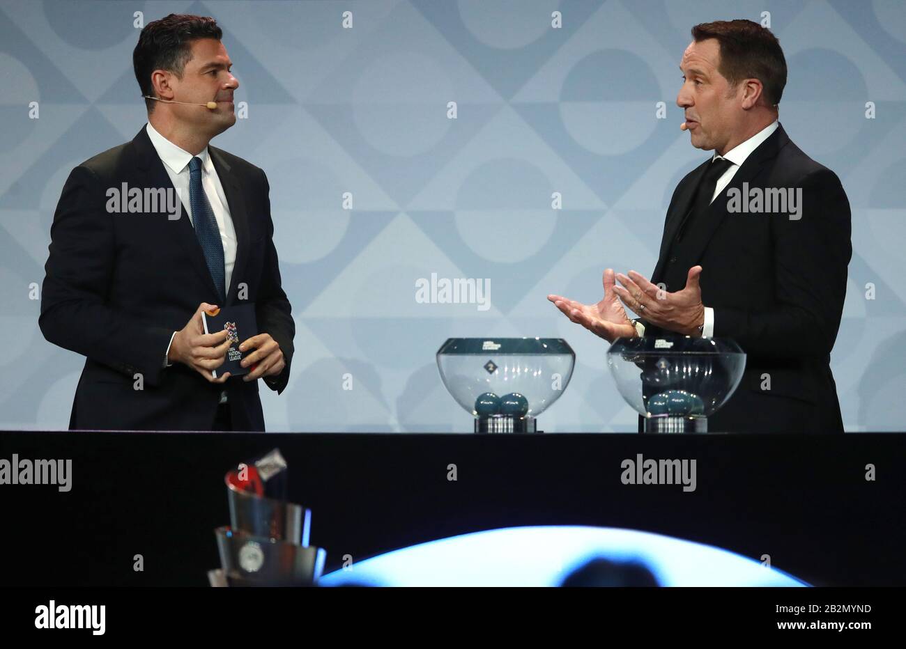 Presenter Pedro Pinto (left) and David Seaman during the UEFA Nations ...