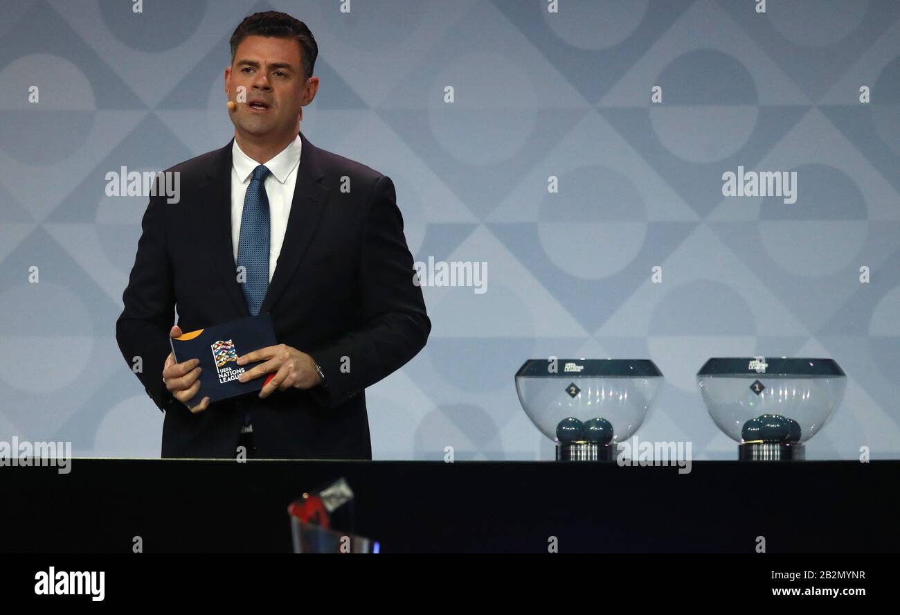 Presenter Pedro Pinto during the UEFA Nations League 2020/21 draw at ...