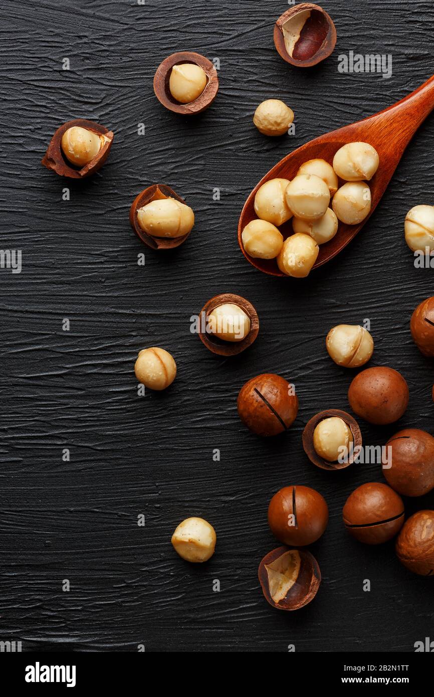 Shelled macadamia nut and peeled macadamia nut on a black textural ...