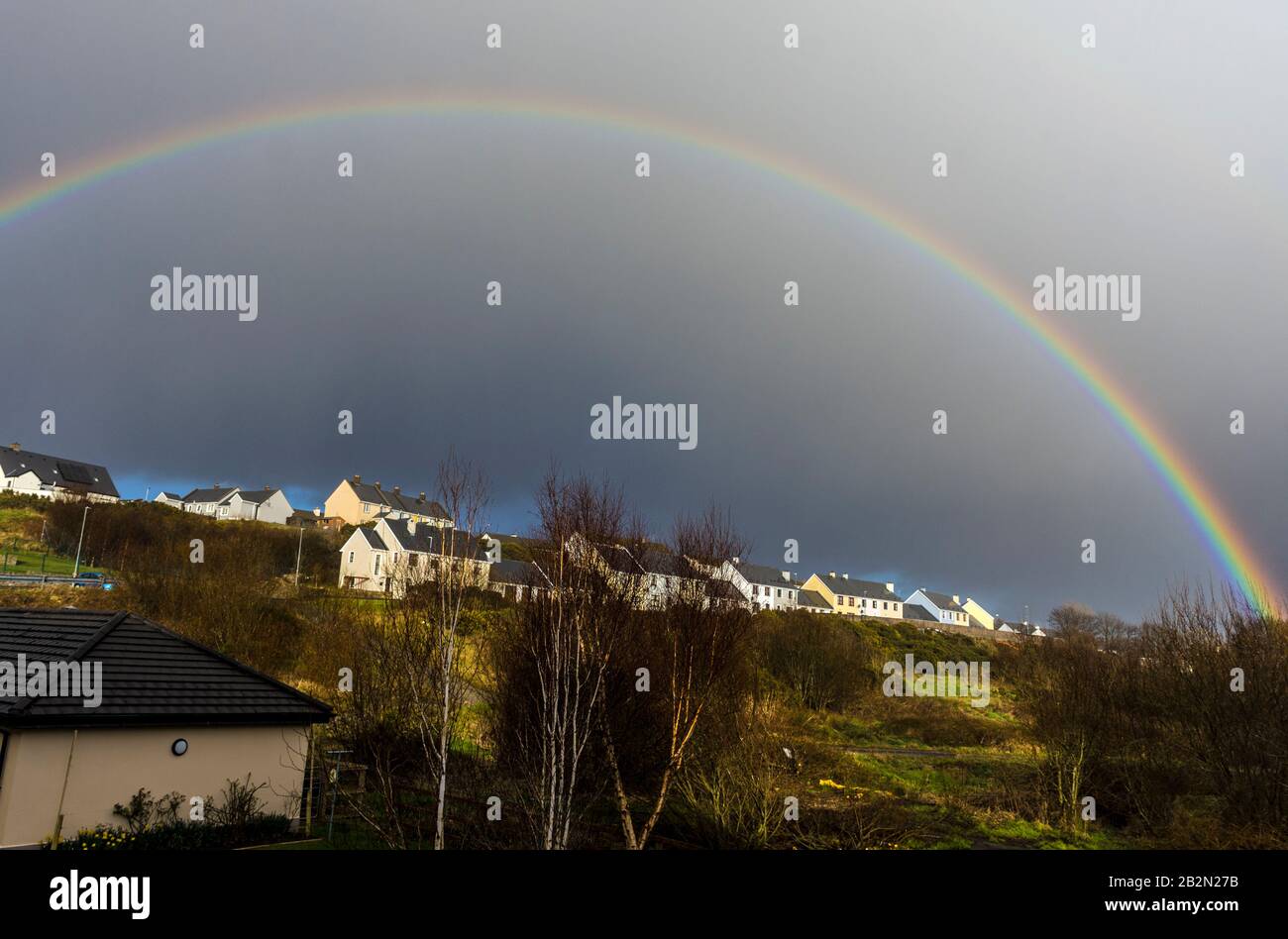 Ardara, County Donegal, Ireland. 3rd March 2020. A rainbow appears over ...