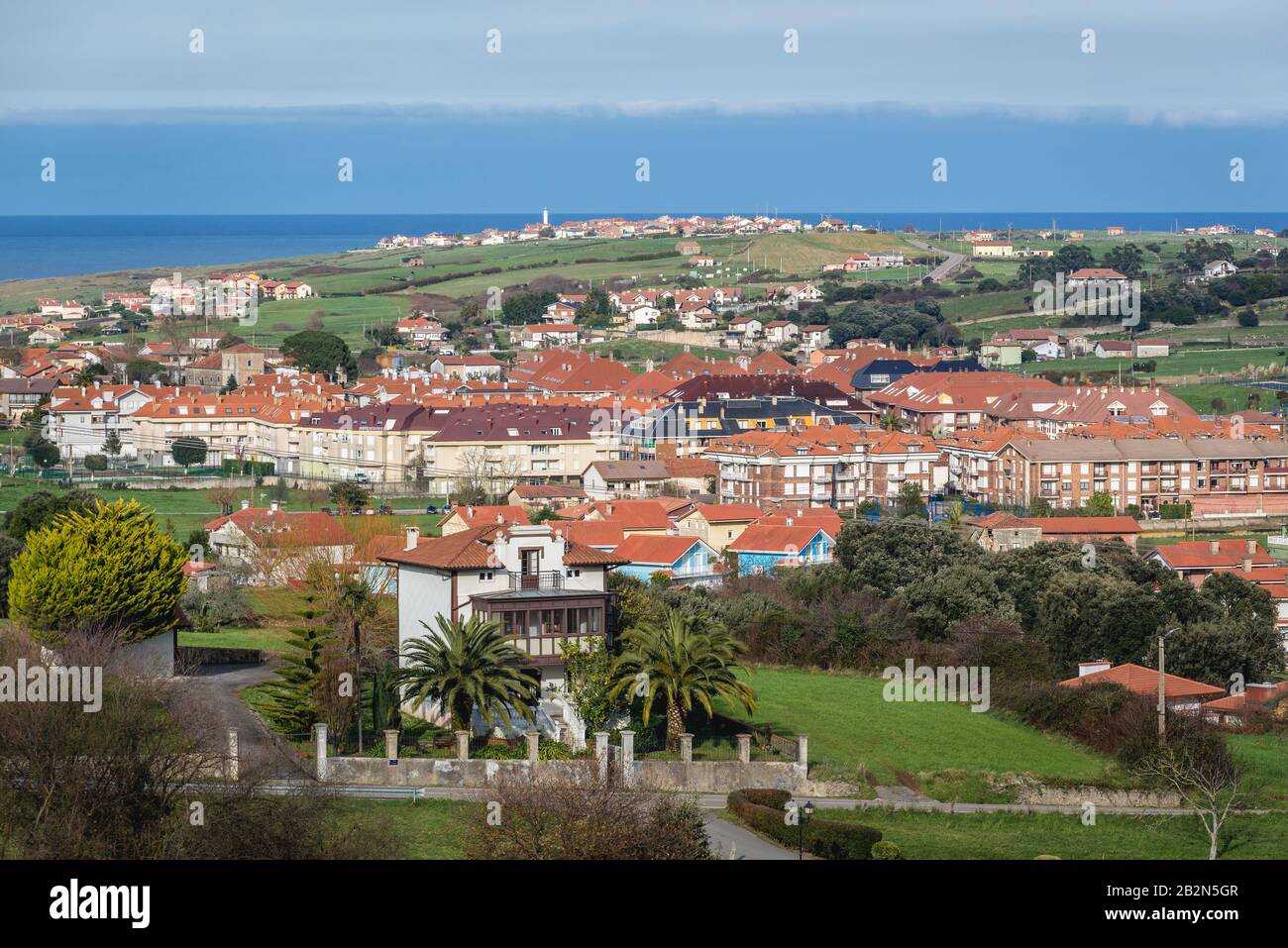 Aerial view of Ajo town located on the Ajo cape on the Bay of Biscay in ...