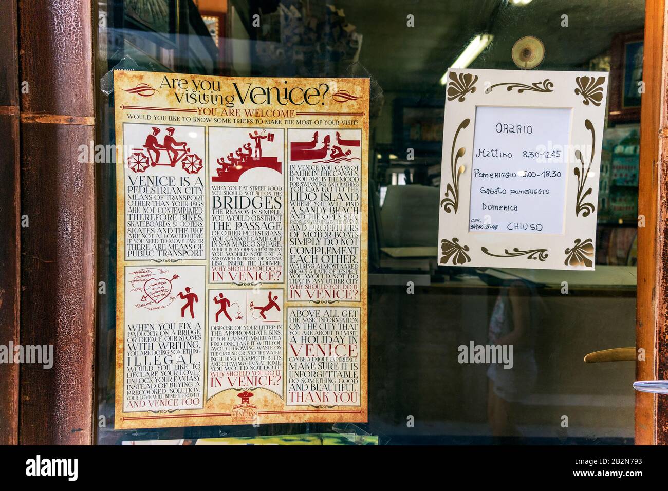 Respect Venice poster in a shop window, displaying tourist laws, Italy ...